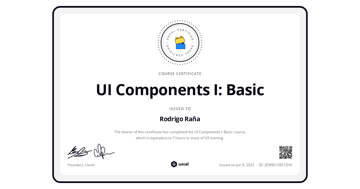 Certificate of completion for UI Components I | Uxcel